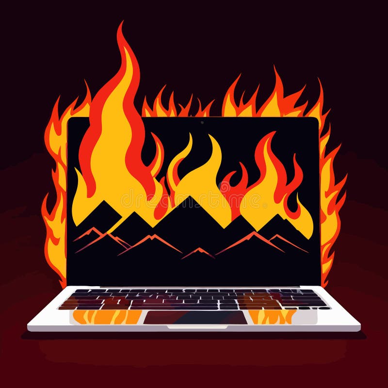 Laptop on Fire, Indicating Computer Overheating and Failure, Vector ...