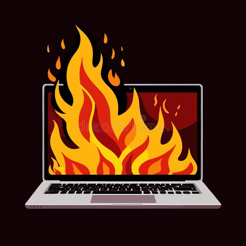 Laptop on Fire, Indicating Computer Overheating and Failure, Vector ...