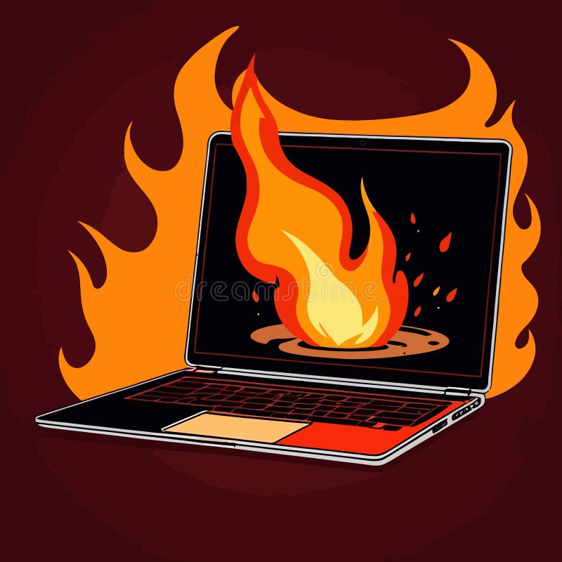 Laptop on Fire, Indicating Computer Overheating and Failure, Vector ...