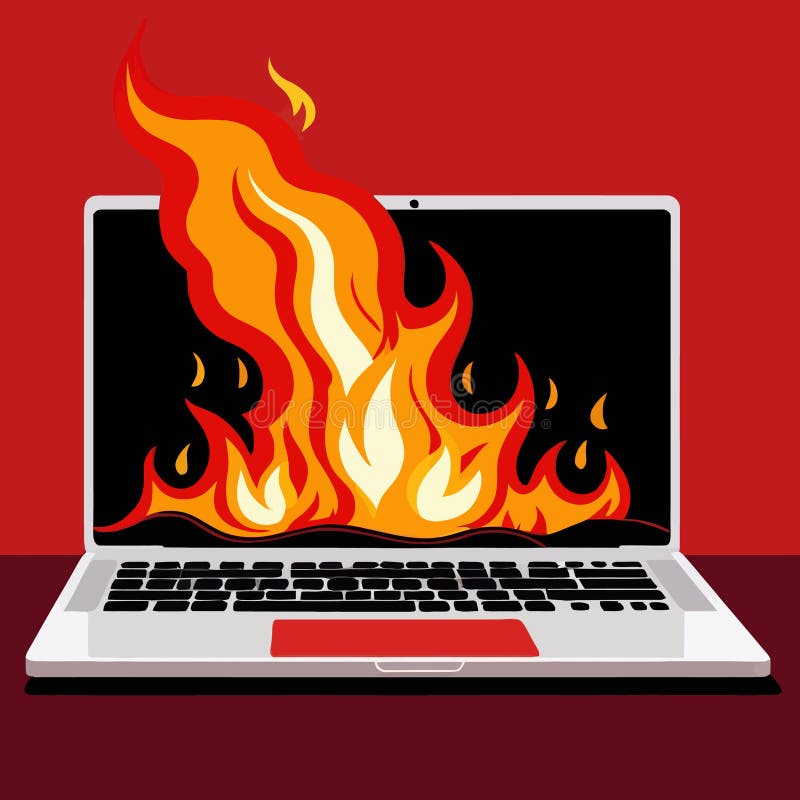 Laptop on Fire, Indicating Computer Overheating and Failure, Vector ...