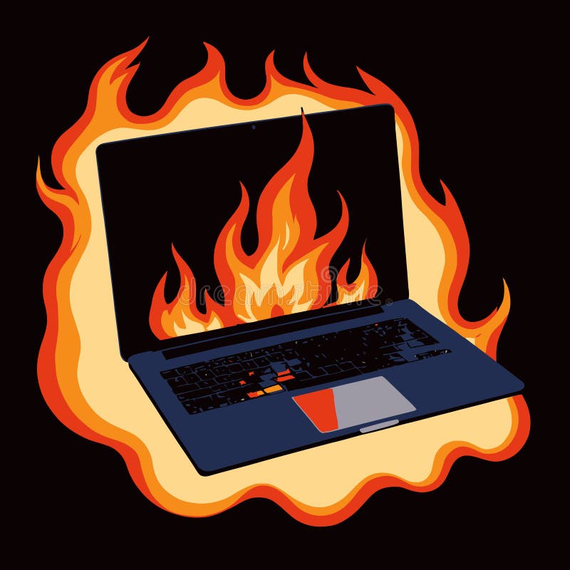 Laptop on Fire, Indicating Computer Overheating and Failure, Vector ...