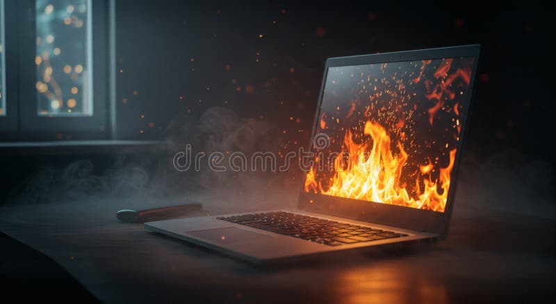Laptop on Fire Showing Error Message with Smoke and Sparks Stock ...