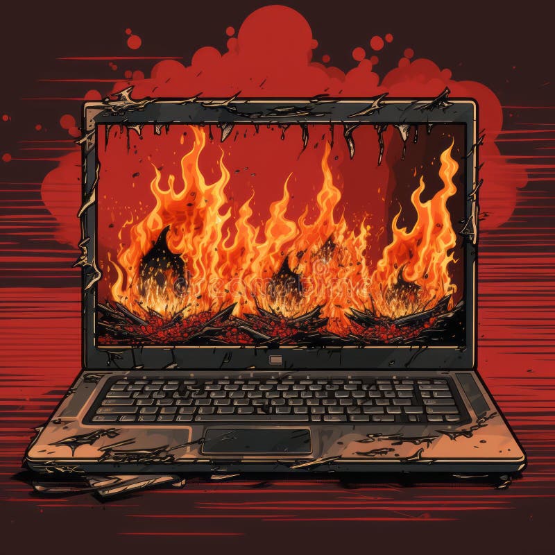 A Laptop with Flames Coming Out of it on a Red Background Stock ...