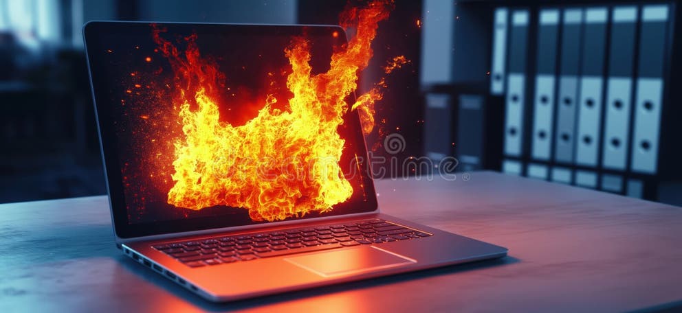 Laptop with Flames Emerging from Screen in Modern Office Environment ...