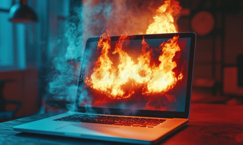 Laptop with Flames and Smoke Emerging from Screen in Dramatic Office ...
