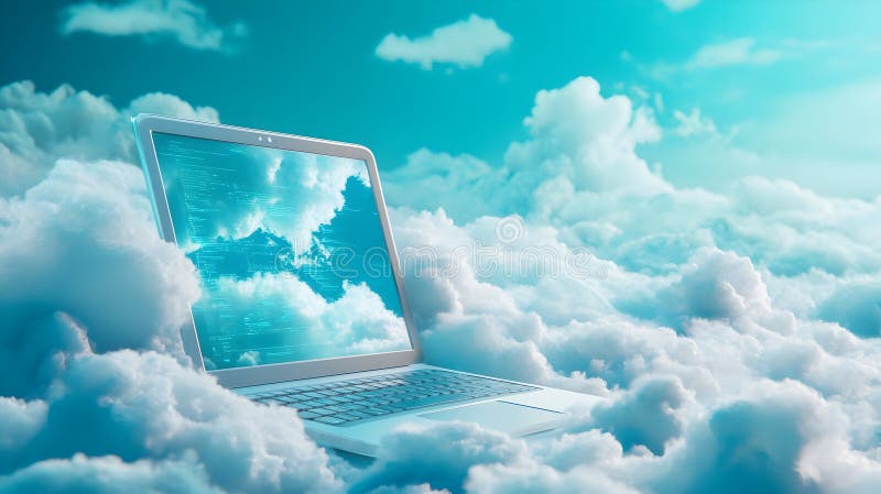 Laptop Floating on Clouds Representing Cloud Computing and Digital ...