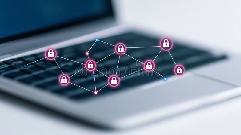 Laptop with Floating Digital Locks and Connections, Symbolizing Encrypted Communication, Secure ...