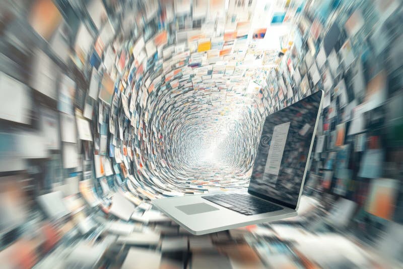 Laptop Floating in Endless Tunnel of Documents Representing Information ...