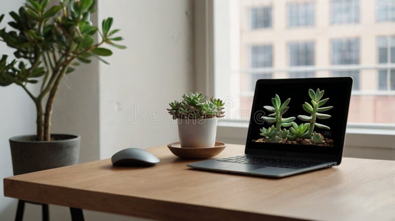 A Laptop and a Flower Pot on the Table. Stock Photo - Image of phone ...
