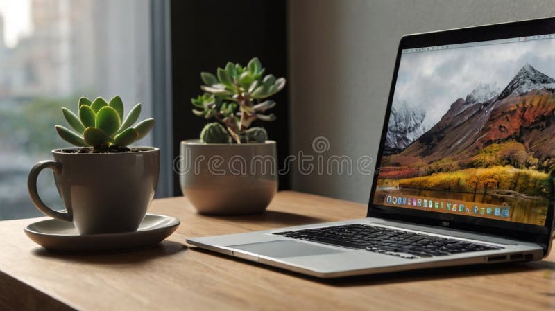 A Laptop and a Flower Pot on the Table. Stock Illustration ...