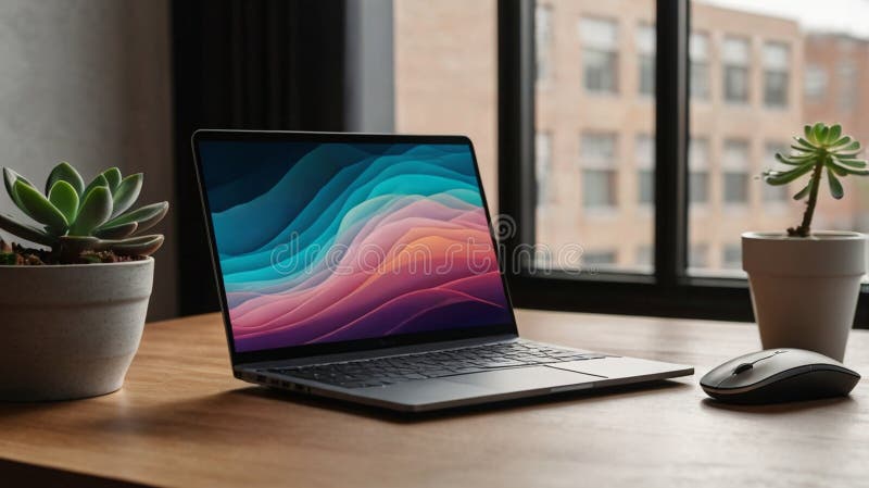 A Laptop and a Flower Pot on the Table. Stock Illustration ...