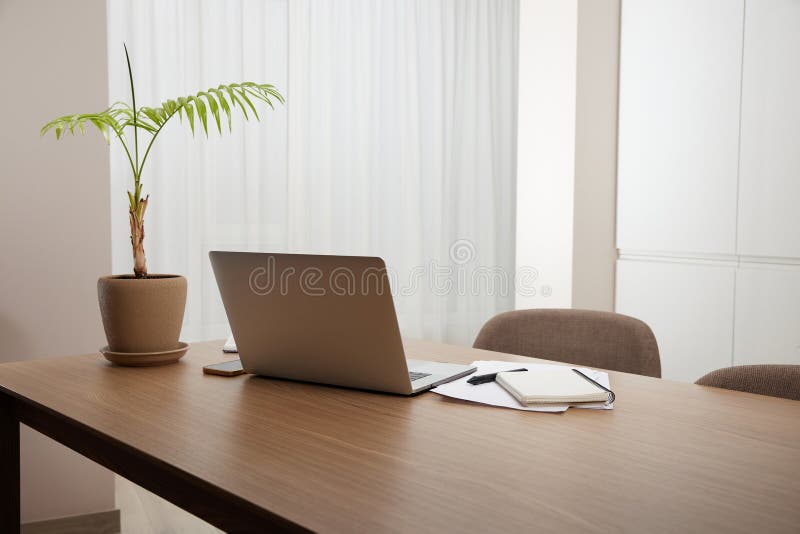 Laptop and Flower Pot on Wooden Table Stock Image - Image of laptop ...
