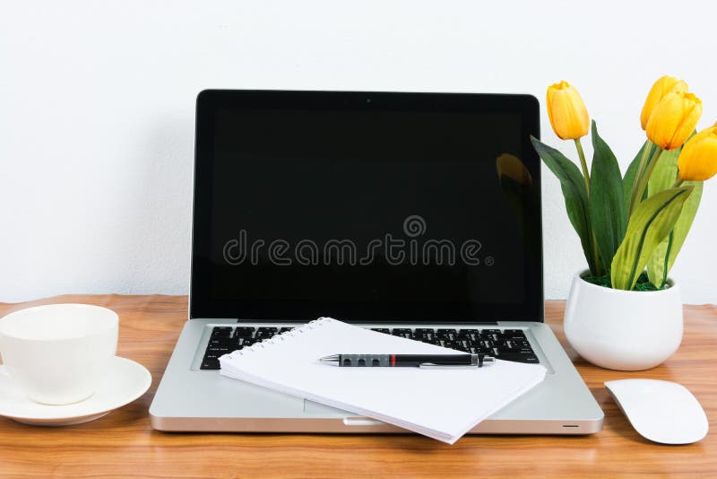 Laptop and Flower Pot on Wooden Table Stock Image - Image of monitor ...