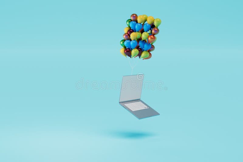 A Laptop Flying Away on Multi-colored Balloons. Copy Paste, Copy Space ...