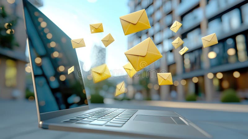 Laptop with Flying Emails stock illustration. Illustration of data ...