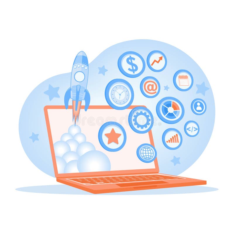 Laptop with Flying Rocket and Business Icon. Developing Software with ...