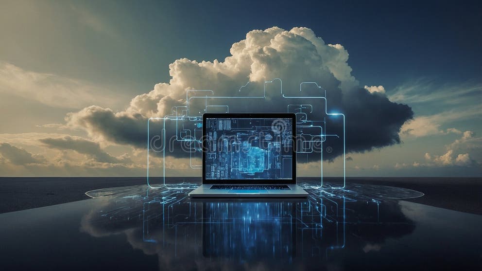 Laptop with Futuristic Cloud Computing Interface Stock Illustration - Illustration of seamless ...