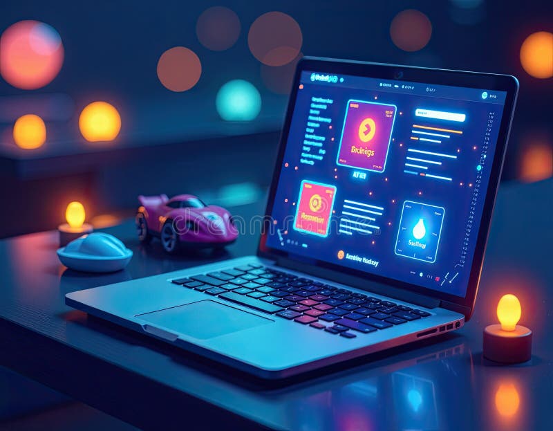 Laptop with Futuristic Interface, Toy Car, and Soft Lighting - Modern ...