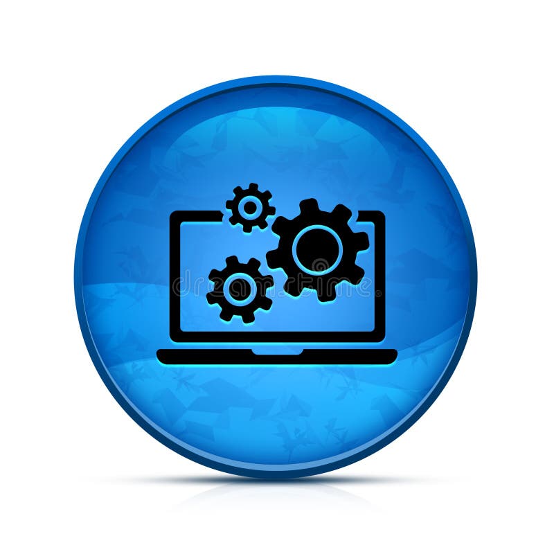 Laptop and Gears Icon on Classy Splash Blue Round Button Illustration ...