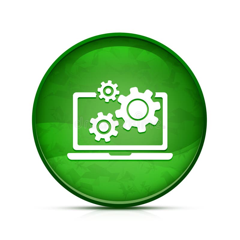 Laptop and Gears Icon on Classy Splash Green Round Button Illustration ...