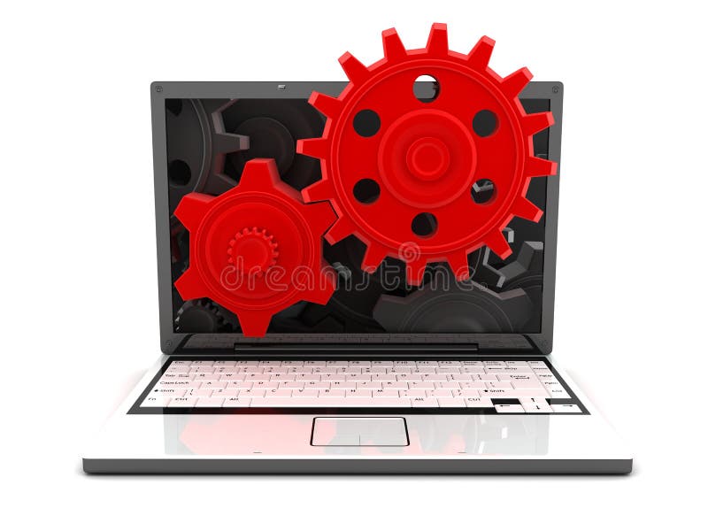 Laptop and gears red stock illustration. Illustration of settings ...