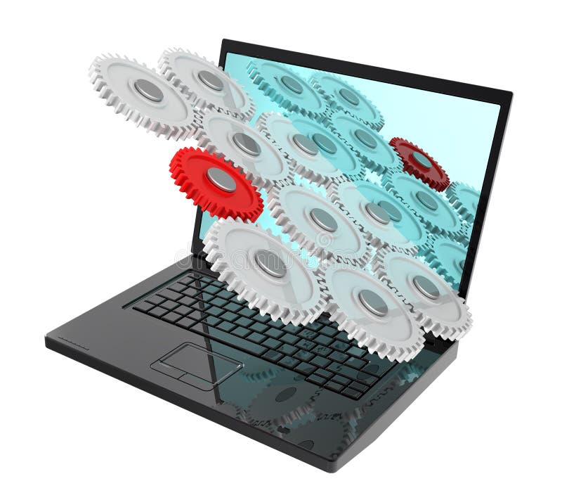Laptop with Gears on the Screen Isolated Over White. Stock Illustration ...