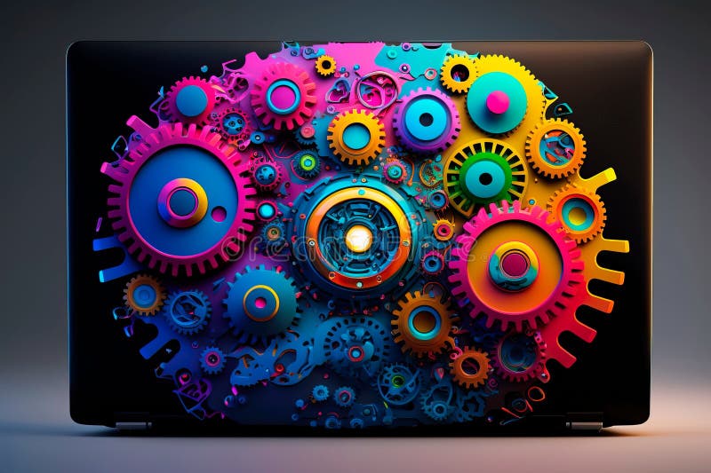 Laptop with Gears Work for Programmer Generative AI Stock Illustration ...