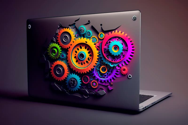 Laptop with Gears Work for Programmer Generative AI Stock Illustration ...
