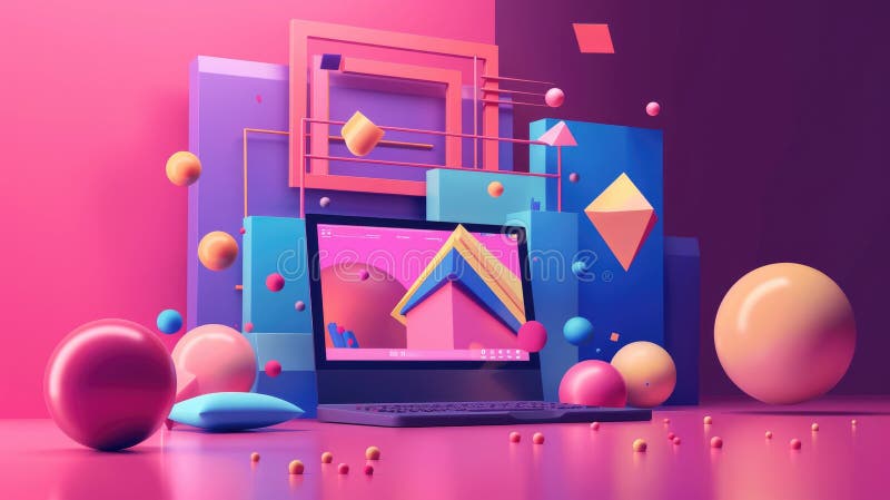 Laptop with Geometric Shapes Floating Around and a Pink Background ...