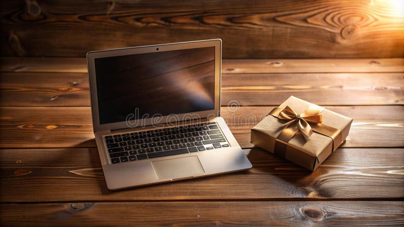 Laptop and Gift Box on a Rustic Wooden Table Generative AI Stock Photo ...
