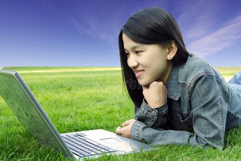 Laptop girl stock image. Image of teen, teenager, park - 1253419