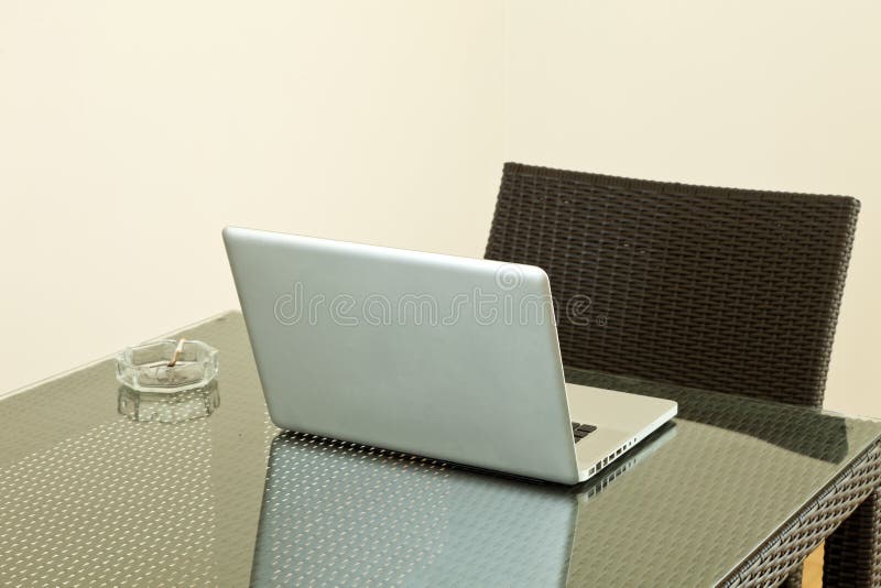 Laptop on the Glass Table and Chair Stock Image - Image of home, white ...