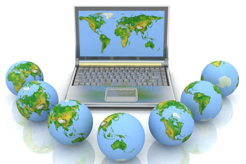 3d Man Sitting on Blue Globe Map and Using Laptop Computer Stock ...