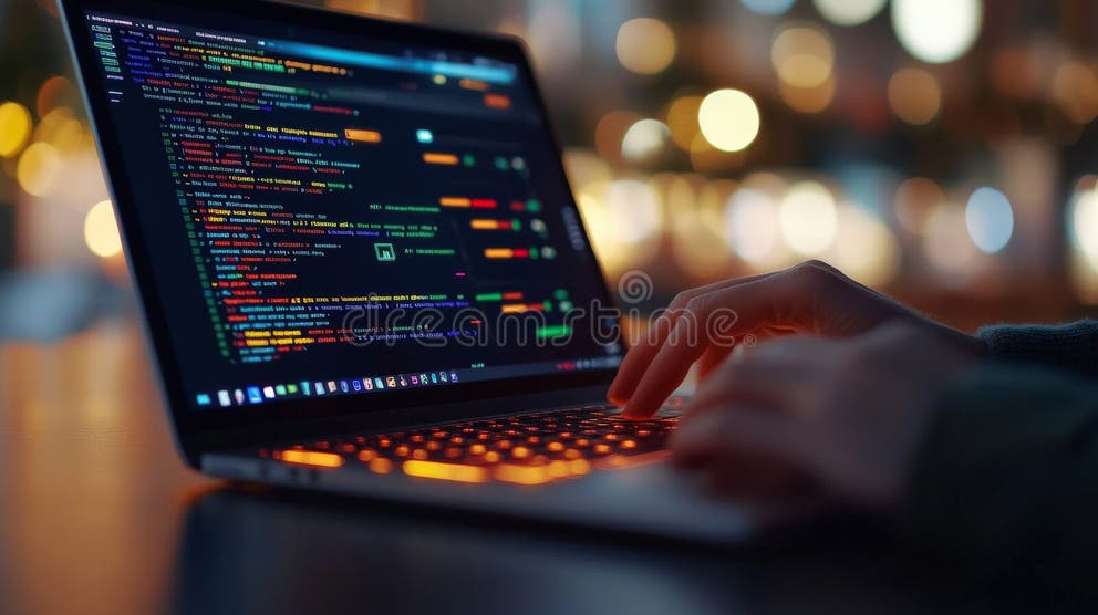 Laptop with Glowing Code and Data Icons on a Blurry Background ...