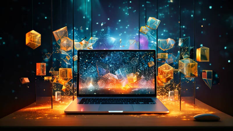 Laptop with Glowing Cubes Flying Out of the Screen. 3D Rendering ...