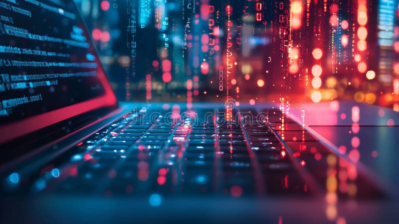 Laptop with Glowing Data Code and Digital Lights Stock Photo - Image of ...