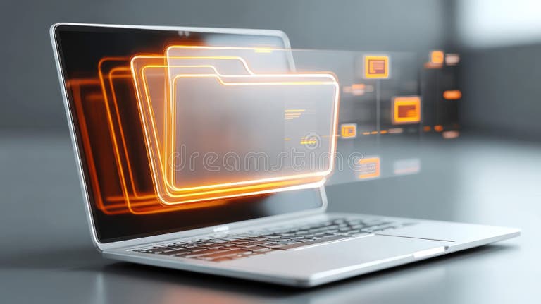 Laptop with Glowing Digital File Folders Representing Online Data ...
