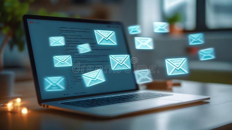 Laptop with Glowing Email Icons Floating Around it Stock Illustration ...