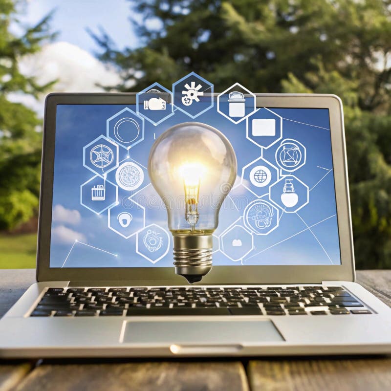 A Laptop with a Glowing Light Bulb on the Screen Surrounded by Icons ...