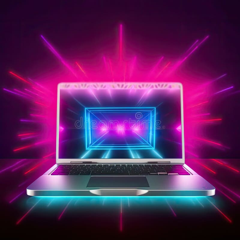 Laptop with Glowing Neon Lights on the Background - Vector Illustration ...