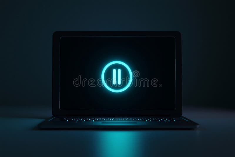 Laptop with Glowing Neon Pause Sign on the Screen. Stock Image - Image ...