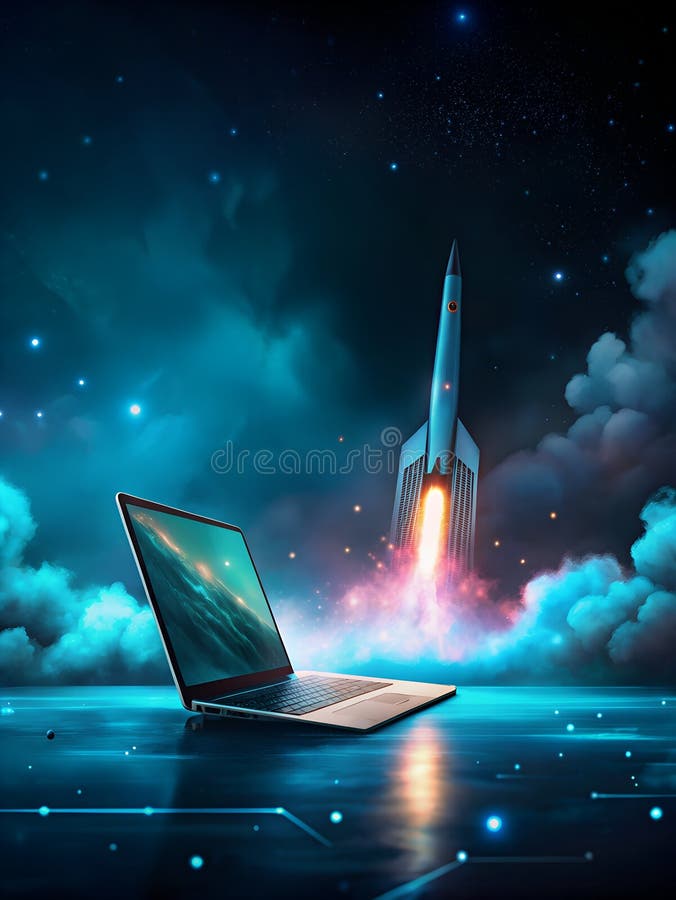 A Laptop with a Glowing Screen Sits on a Platform with Circuitry ...