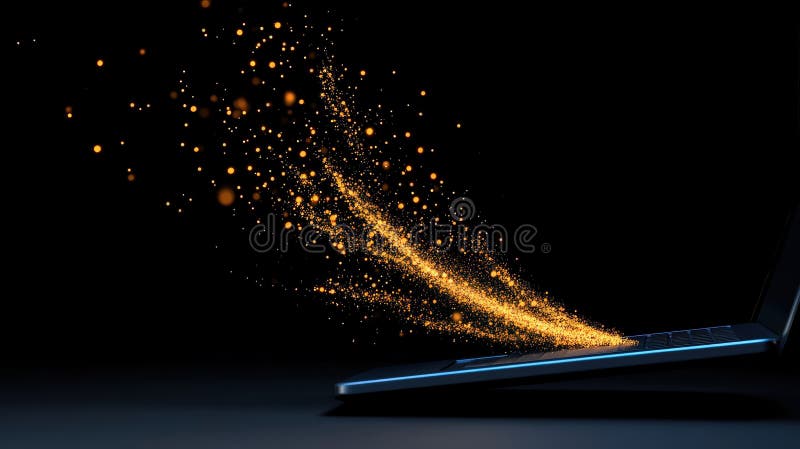 Laptop with Glowing Sparks Emerging from Keyboard on Dark Background ...