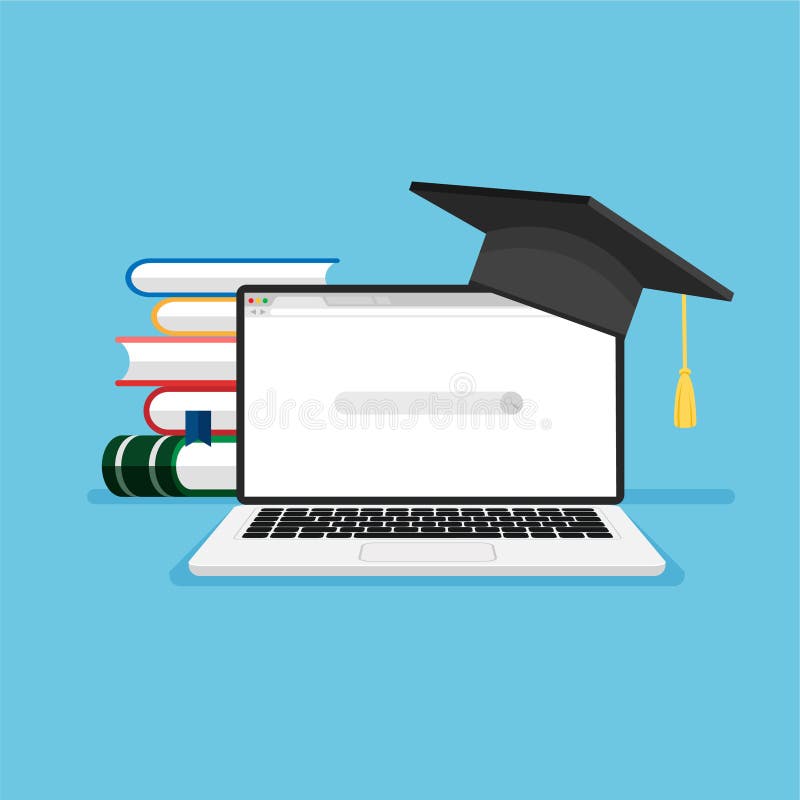 Laptop with Graduate Hat and Book Heap Vector Illustration. Stock ...