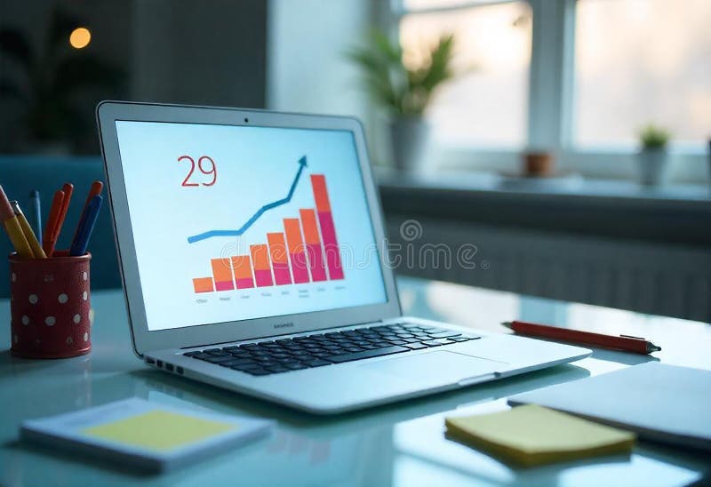 A Laptop with a Graph on the Screen that Says 29 on it Stock ...