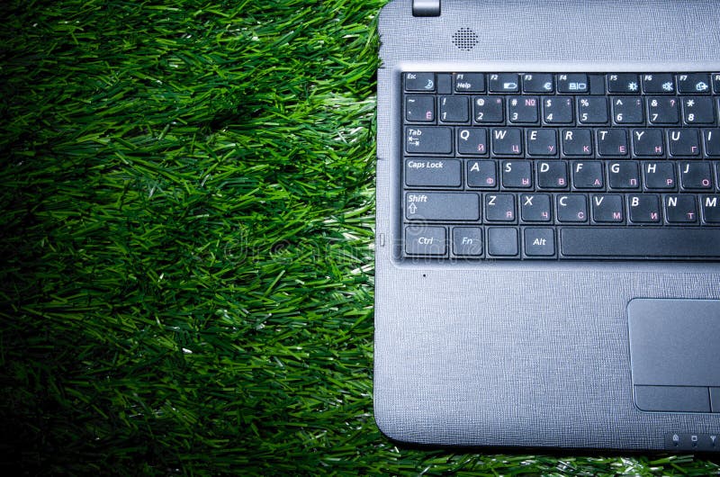 Laptop on grass stock photo. Image of internet, night - 19649912