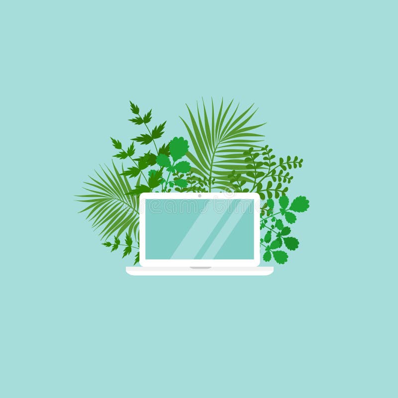 Laptop with Green Branches and Twigs. Ecology Use Computer Stock ...