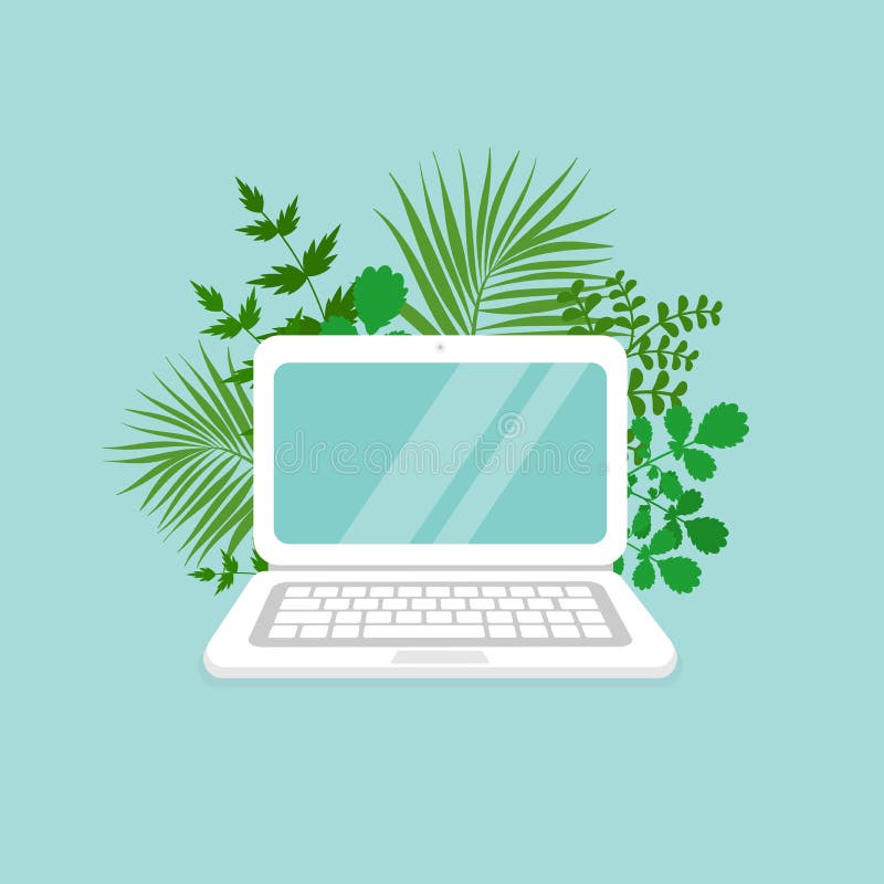Laptop with Green Branches and Twigs. Ecology Use Computer Stock ...