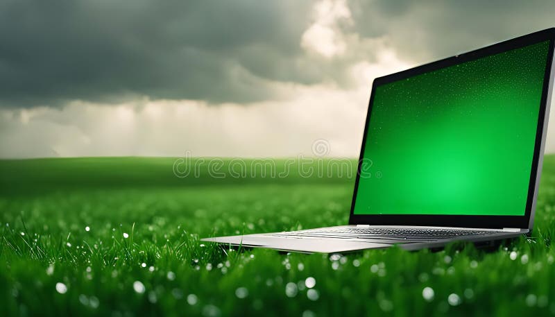 Laptop on Green Grass with Cloudy Sky Stock Illustration - Illustration ...