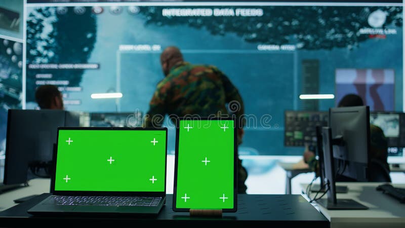 Laptop with Green Screen Display Running in Military Base of Operations ...